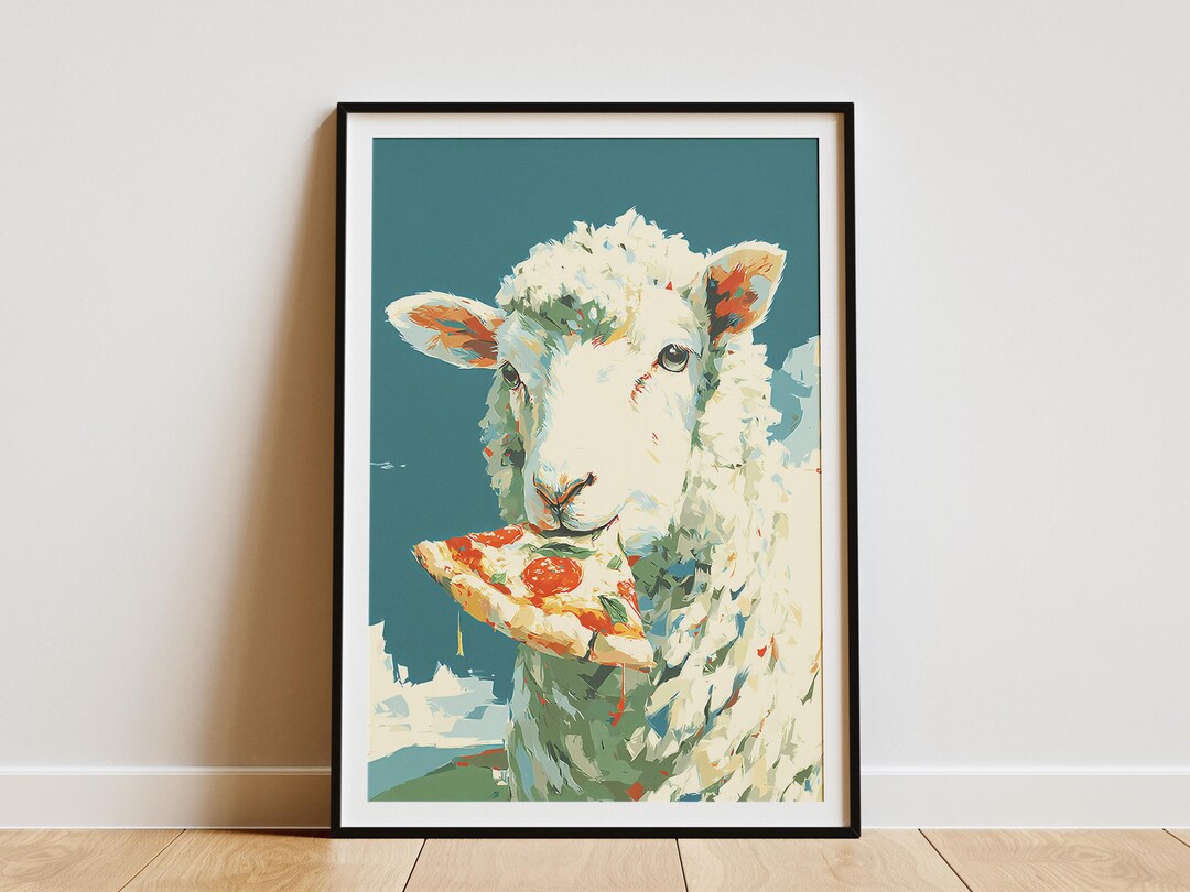 Funny Sheep Eating Pizza Digital Art Print Whimsical Animal Wall Decor ...