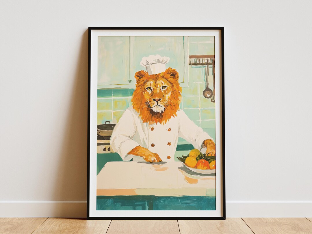 Lion Chef Art Print Funny Animal Poster Kitchen Decor Whimsical Lion ...