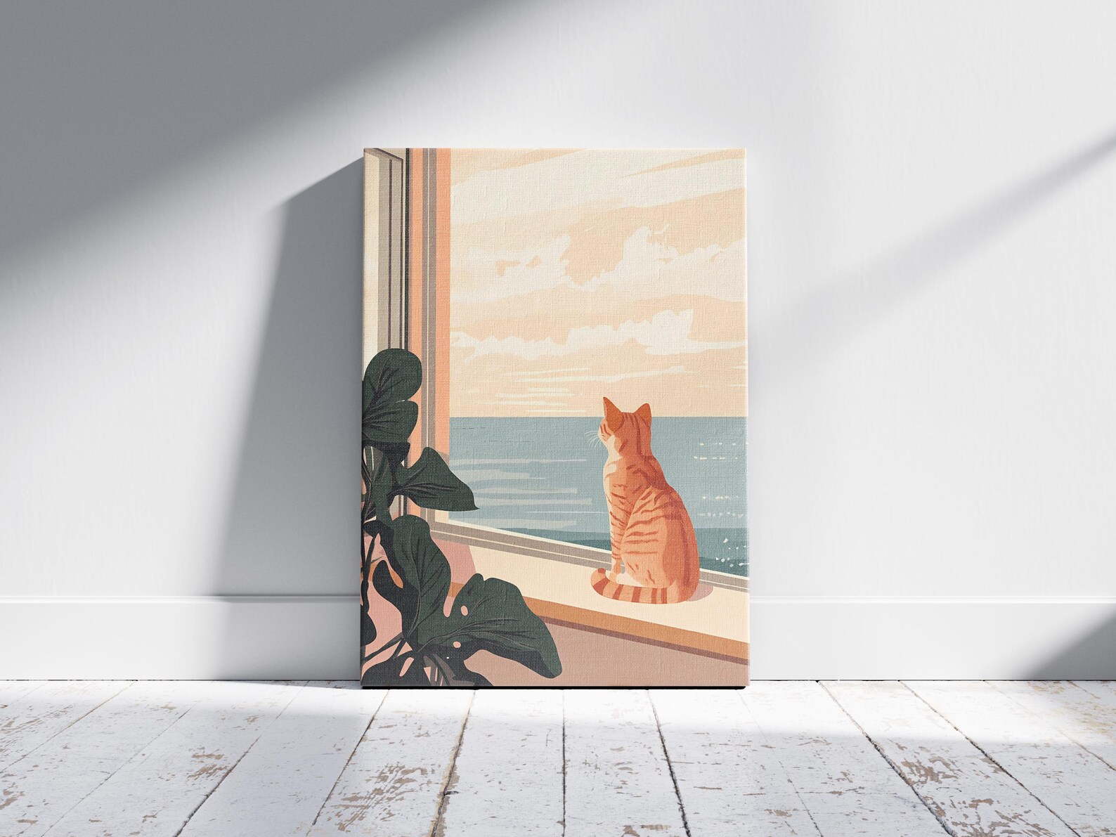 Orange Cat by Windowsill Ocean View Summer Sunset Beach Coastal Cat Art ...