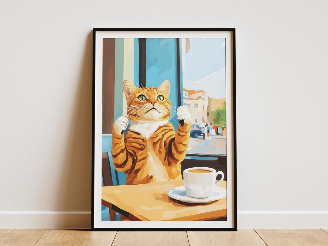 Orange Tabby Cat Poster Cafe Art Print Whimsical Cat Drinking Coffee ...