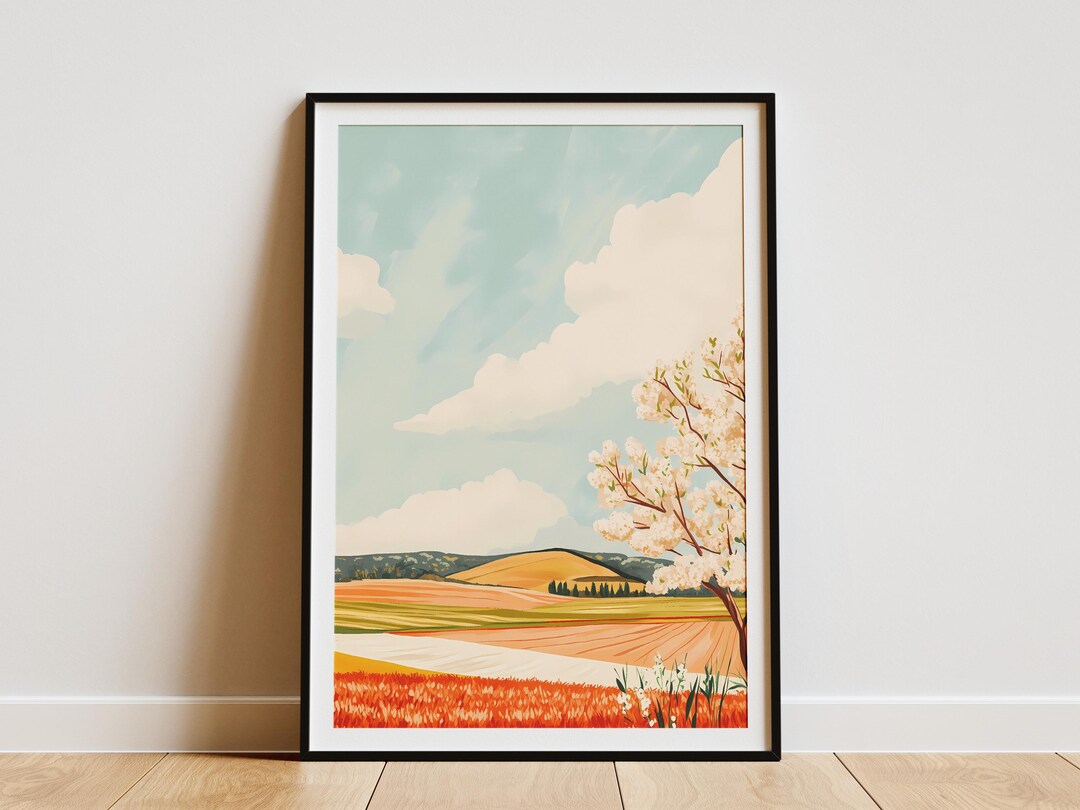 Spring Landscape Poster Blooming Tree Farm Field Countryside Wall Art ...