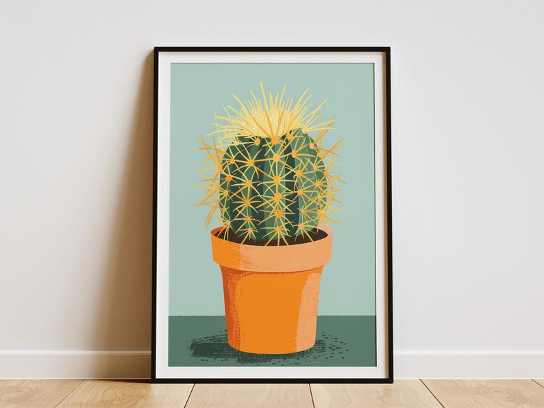 Golden Barrel Cactus Poster Minimalist Botanical Art Print Desert Plant ...