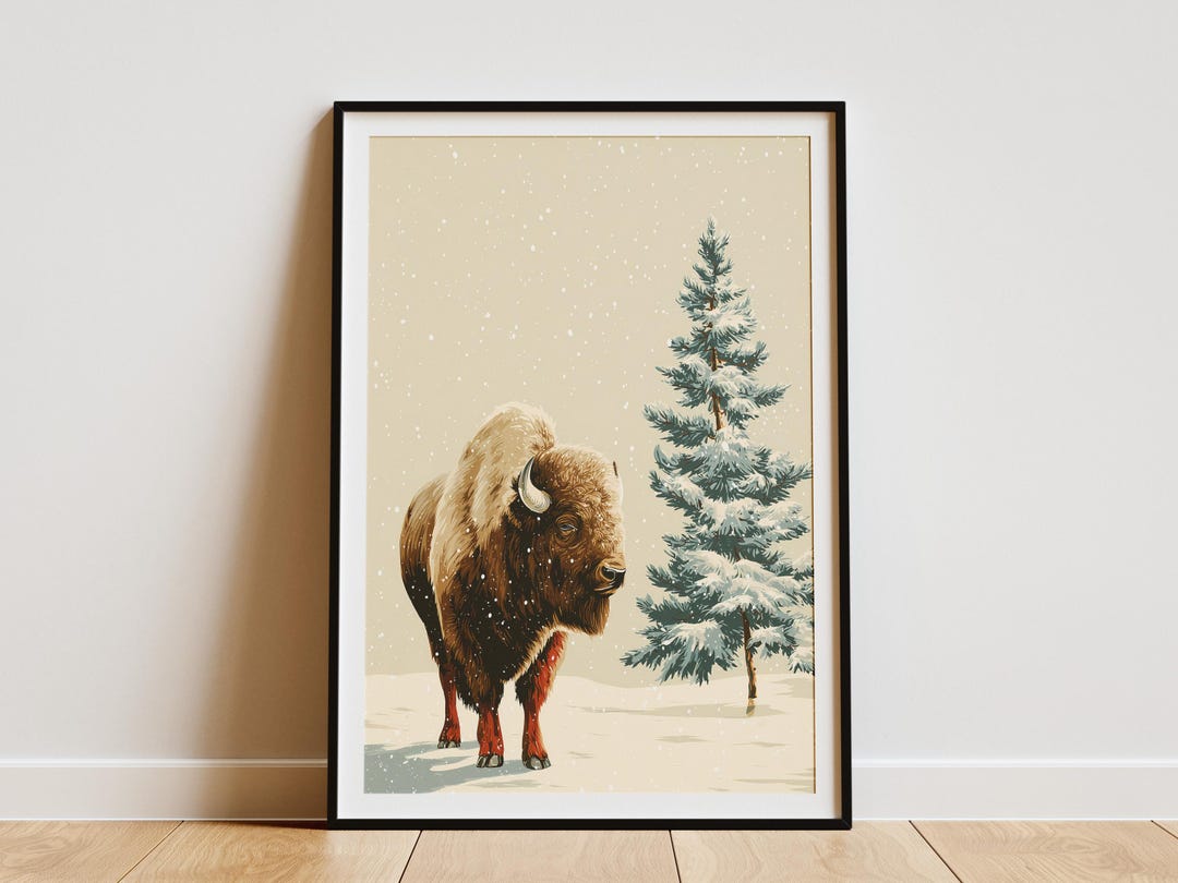 Bison Winter Christmas Tree Art Print Snowy Wildlife Animal Poster ...
