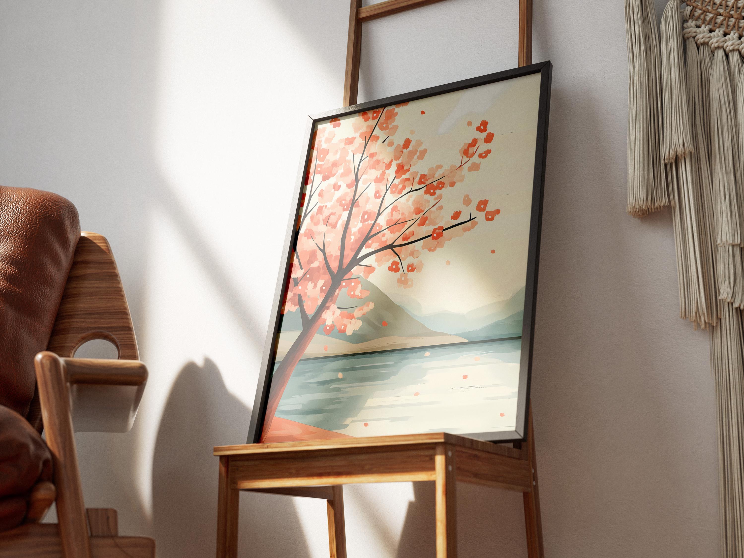 Japanese Cherry Blossom Tree Poster Peaceful Pond Landscape Art Print ...