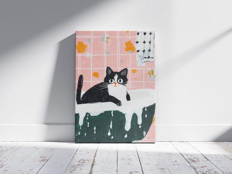 Cute Cat in Bubbly Bath Poster Tuxedo Cat Bathroom Print Funny Pet Art ...