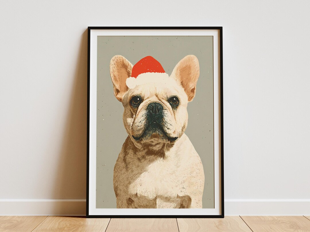 French Bulldog Dog Christmas Art Print Wearing Santa Hat Festive Winter ...