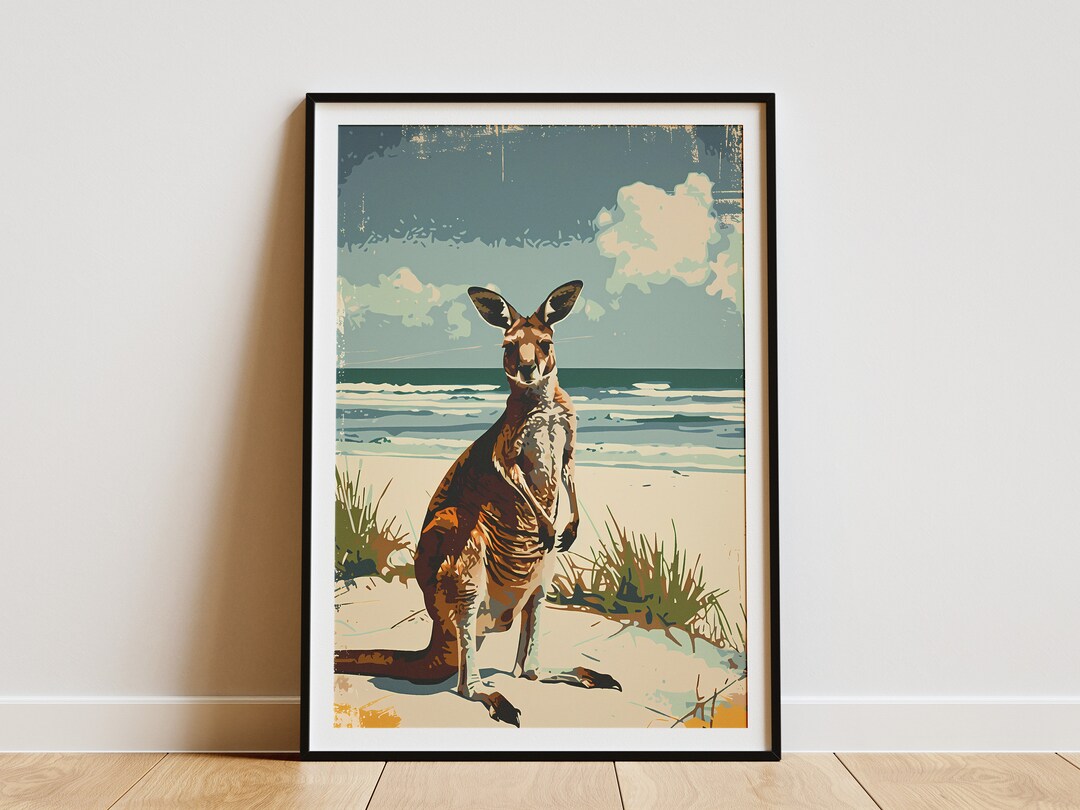 Vintage Kangaroo Beach Travel Poster Australia Wildlife Art Print ...