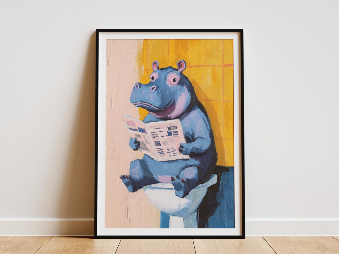 Hippopotamus on Toilet Reading Newspaper Painting Blue Animal Art Print ...