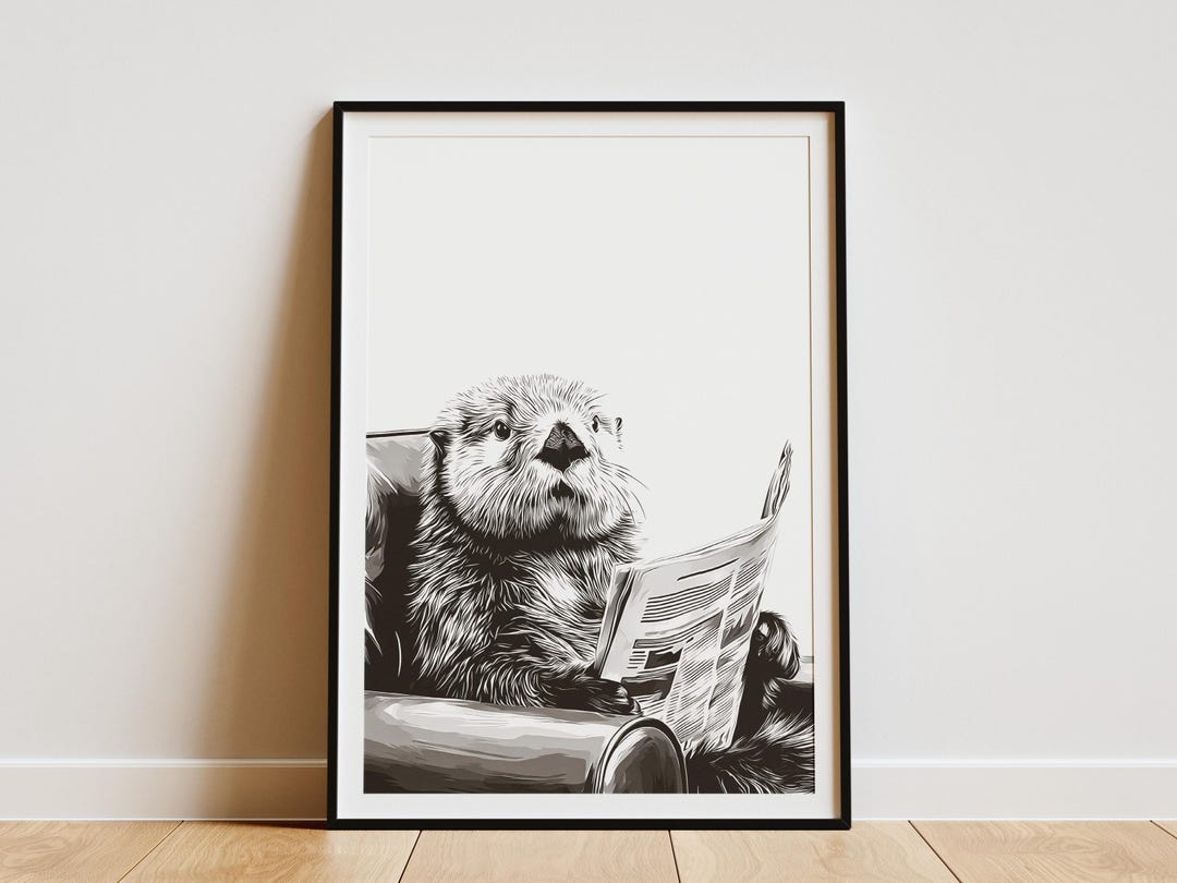 Sea Otter Reading Newspaper Art Print Modern Black and White Animal ...