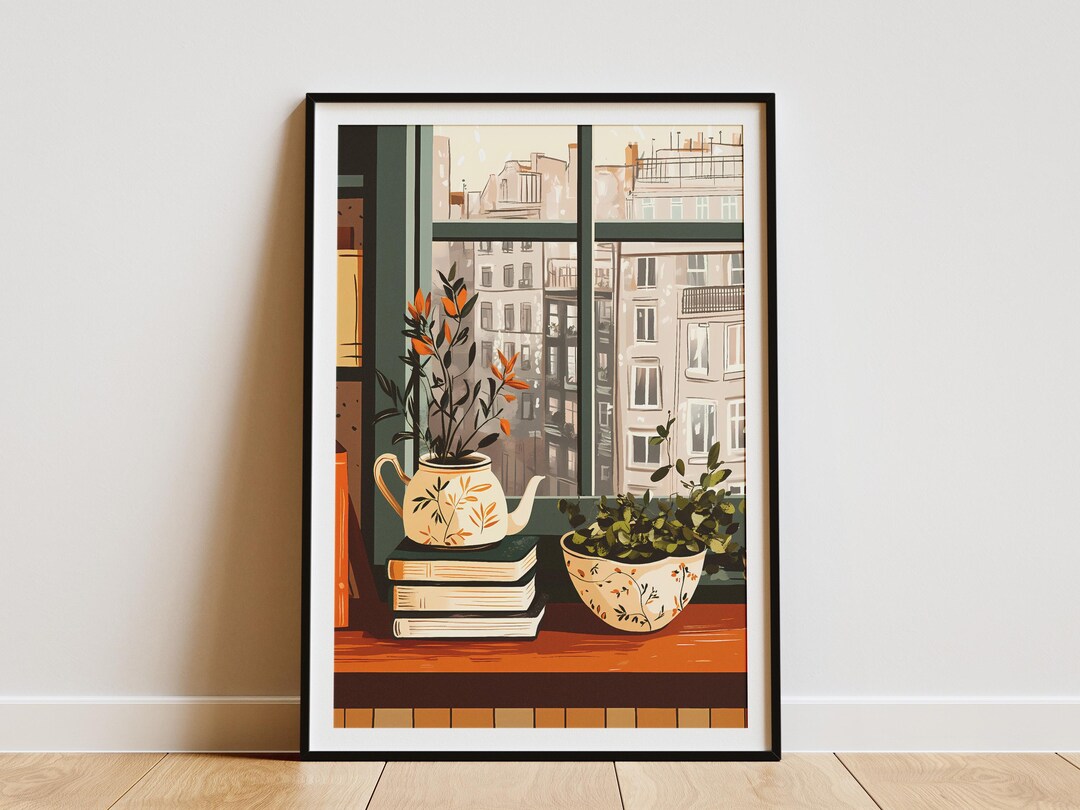 Cozy Kitchen Window View Print Wall Art Botanical Teapot and Plant Pot ...