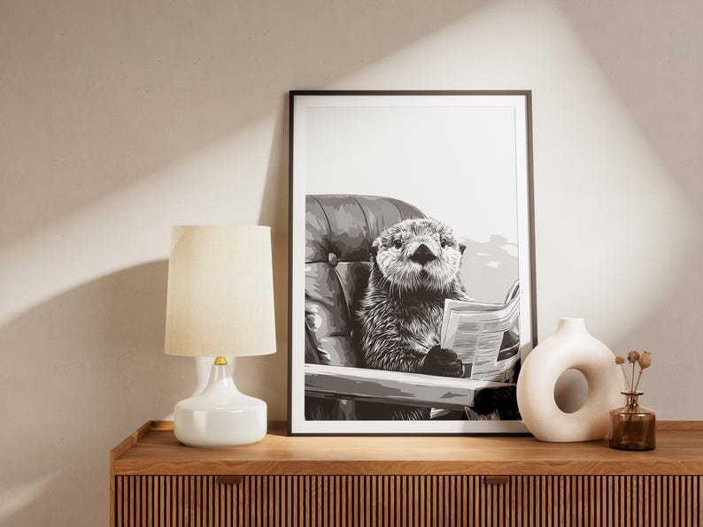 Sea Otter Reading Newspaper Art Print for Modern Home Decor Black and ...