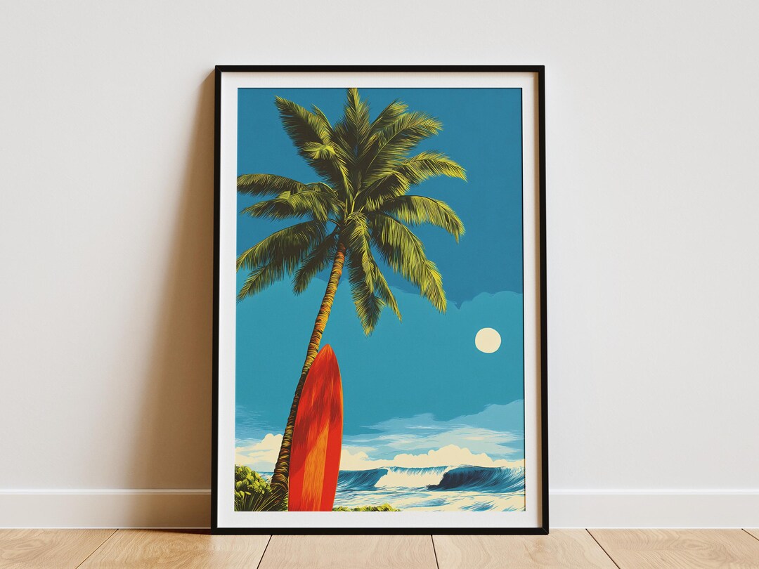 Vibrant Palm Tree and Surfboard Beach Art Print Tropical Hawaiian ...