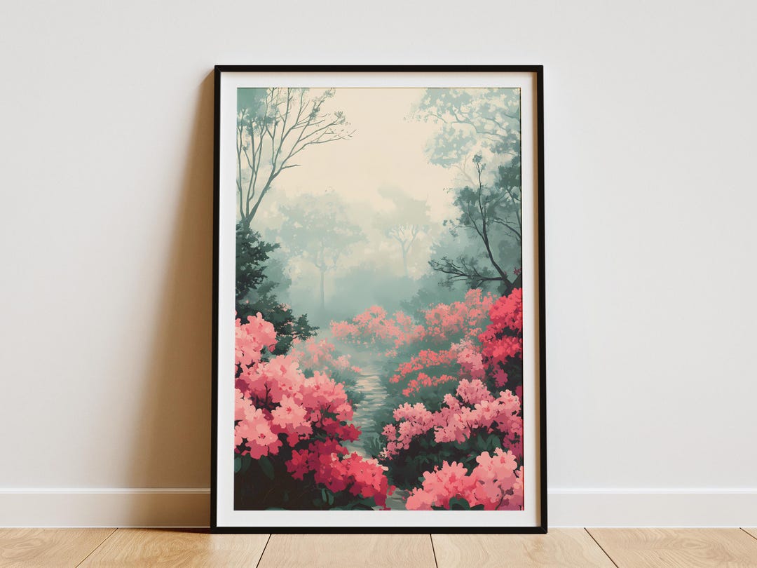 Azalea Garden Path Poster Pink Flowers Botanical Art Print Blooming ...