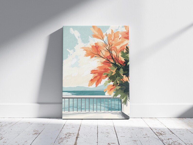 Ocean View Poster Coastal Art Print Orange Leaves Modern Minimalist ...
