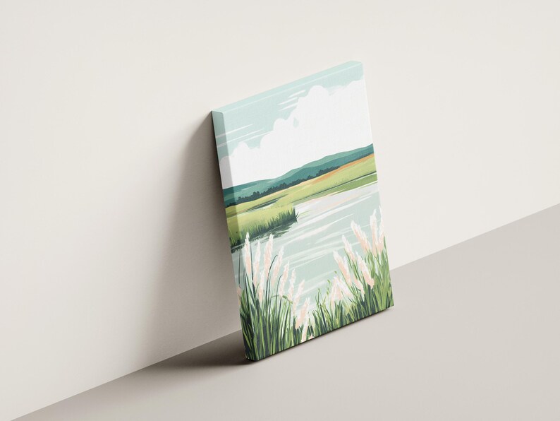 Green Meadow River Landscape Poster Calm Nature Art Print Modern ...