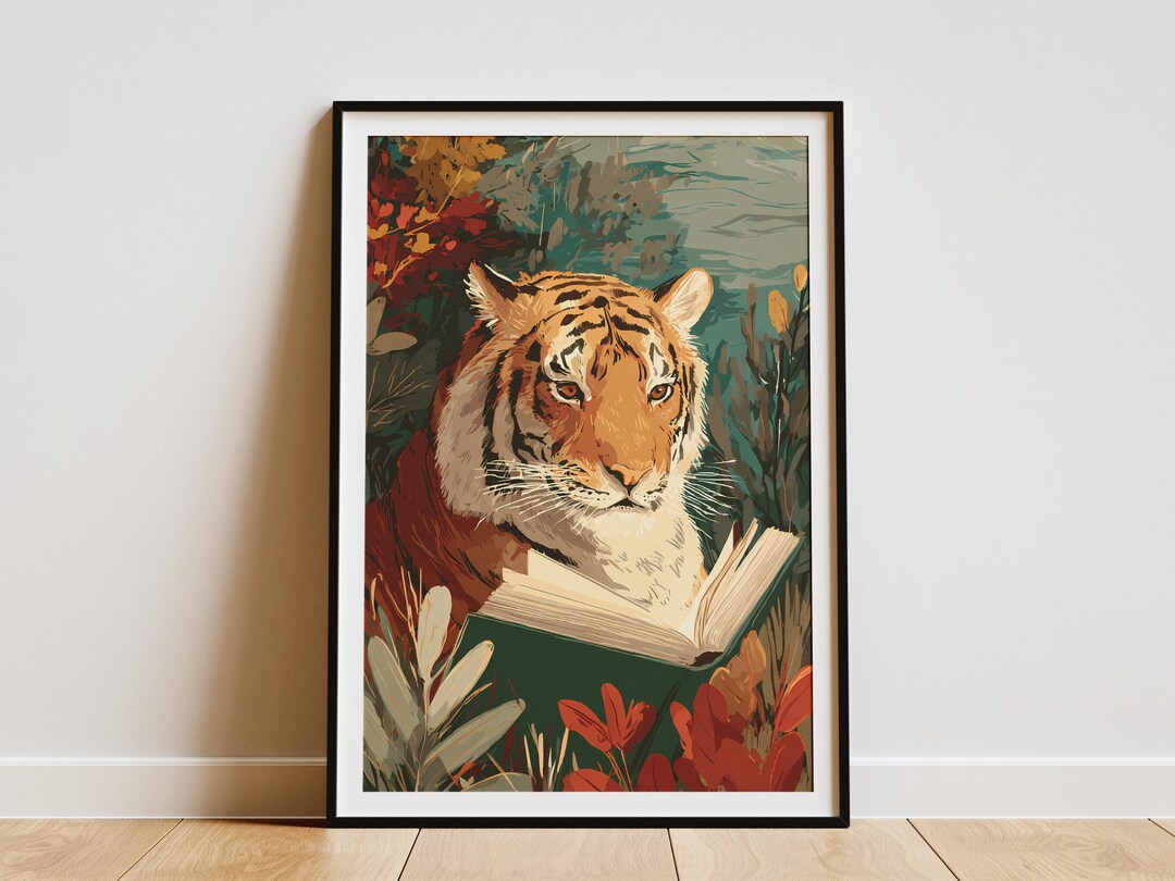 Intelligent Tiger Reading Book Art Print Unique Animal Wall Decor Cozy ...