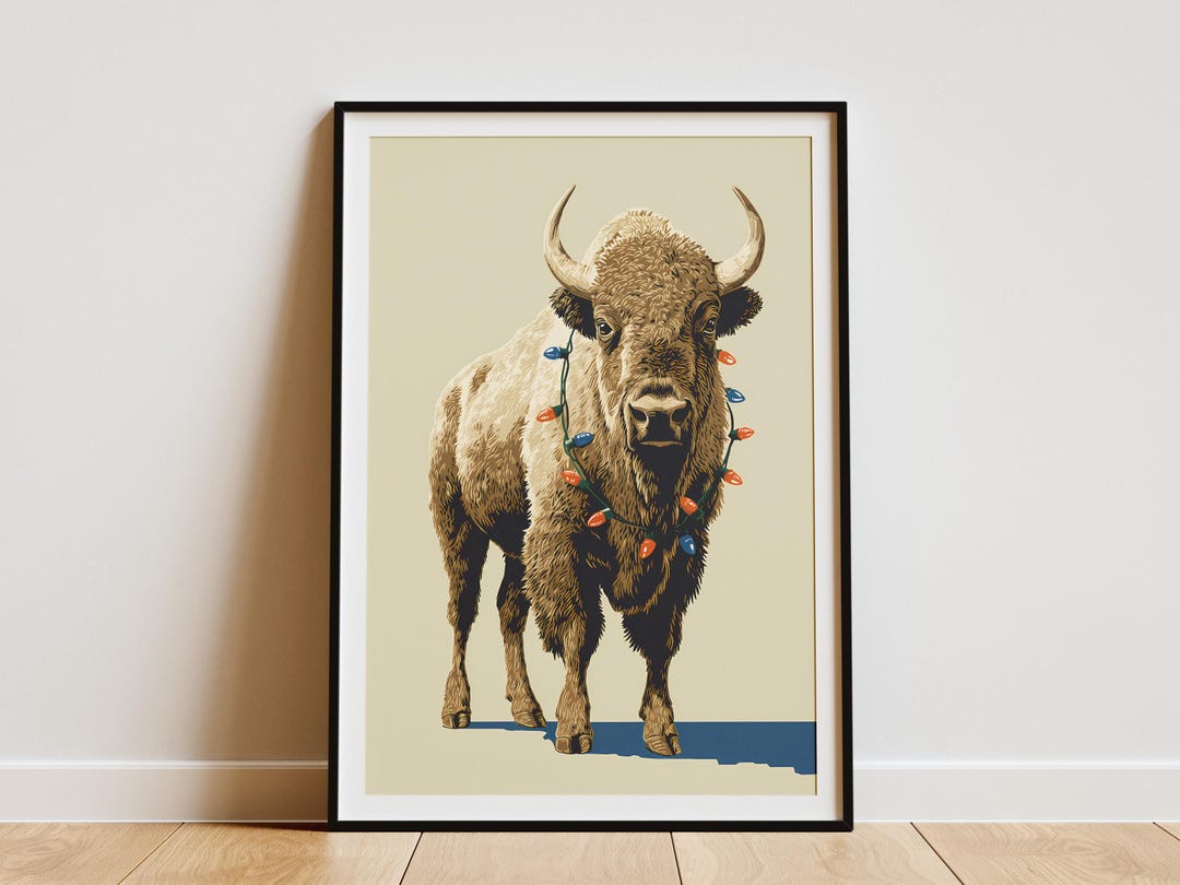 Festive Christmas Bison Art Print Holiday Winter Wall Decor Wild Animal ...