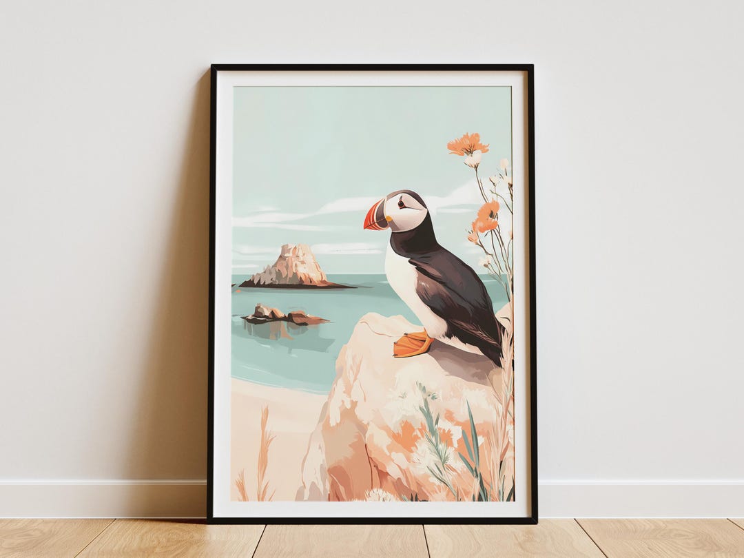 Puffin Bird Art Print Coastal Wall Decor Seaside Rocks Illustration ...