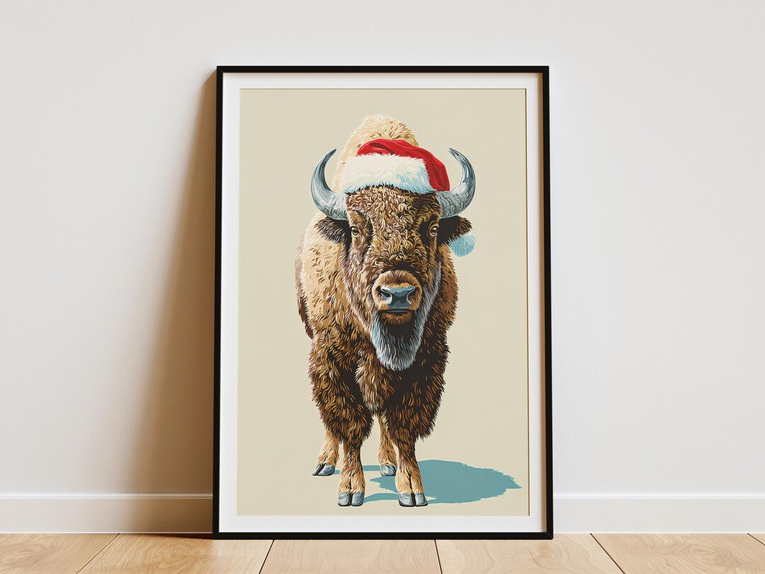 Christmas Bison With Santa Hat Print Festive Wildlife Wall Art Holiday ...