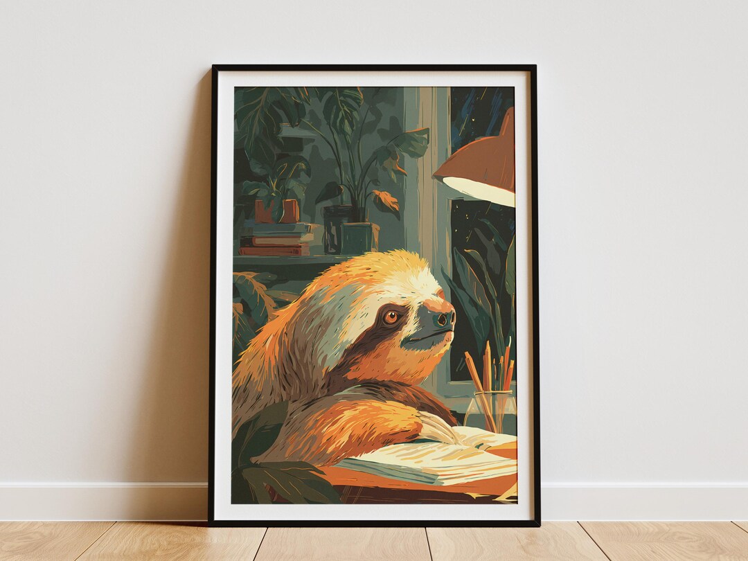 Cozy Sloth Studying at Oak Desk Nighttime Art Print Whimsical Animal ...