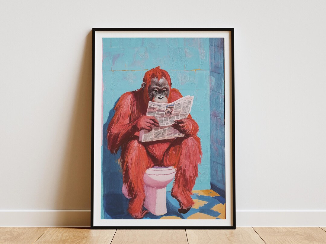 Orangutan Reading Newspaper on Toilet Bathroom Humorous Animal Art ...