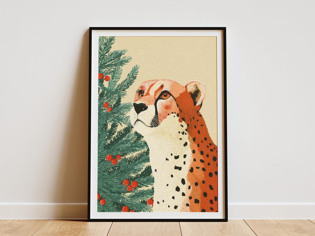 Modern Christmas Cheetah Wall Art Print Festive Holiday Decor Wildlife ...