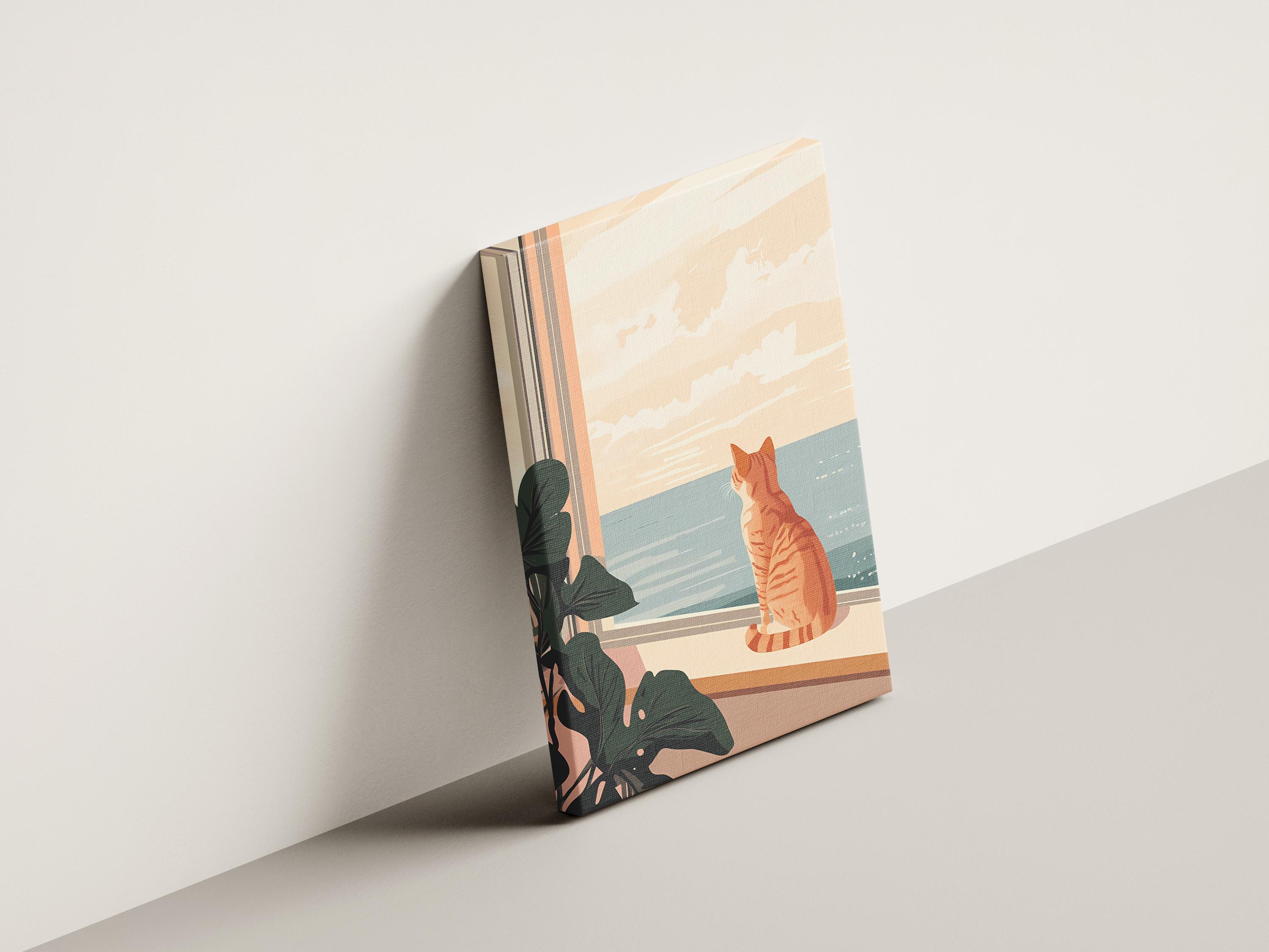 Orange Cat by Windowsill Ocean View Summer Sunset Beach Coastal Cat Art ...