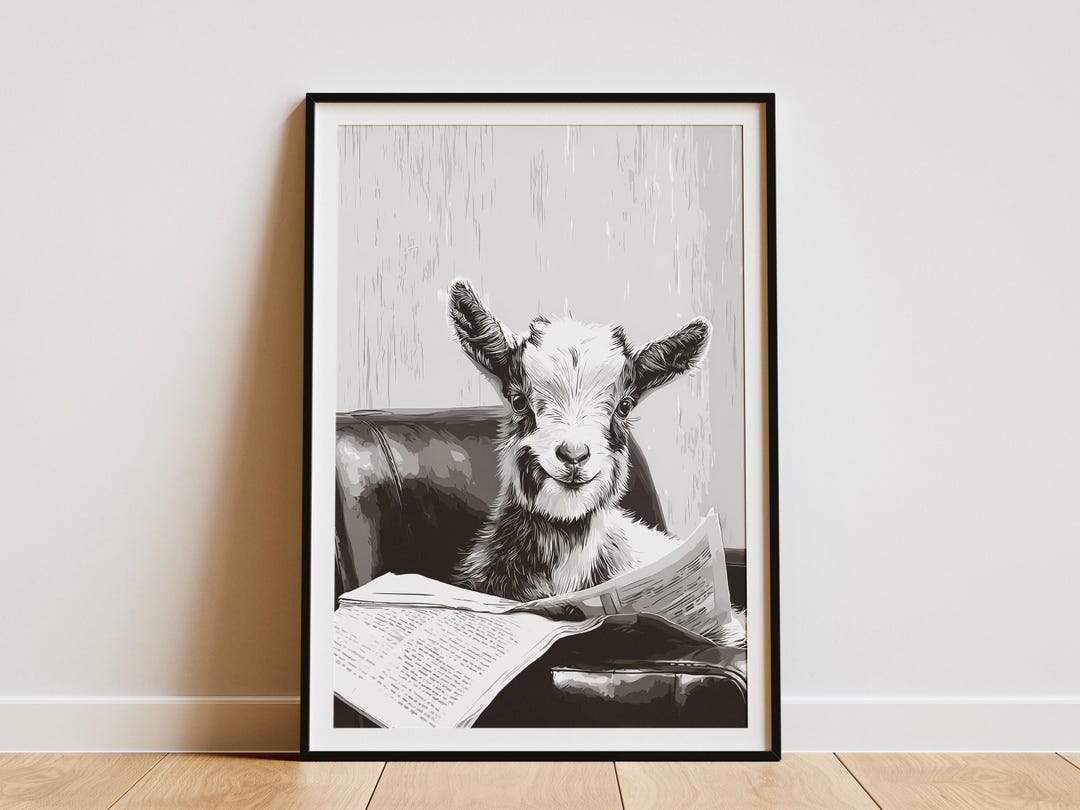 Baby Goat Kid Reading Newspaper Art Print Black and White Animal Wall ...