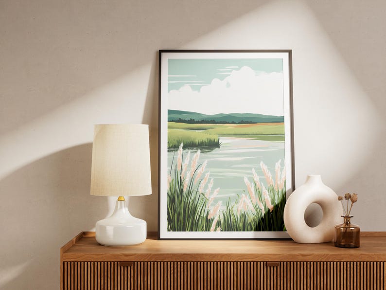 Green Meadow River Landscape Poster Calm Nature Art Print Modern ...