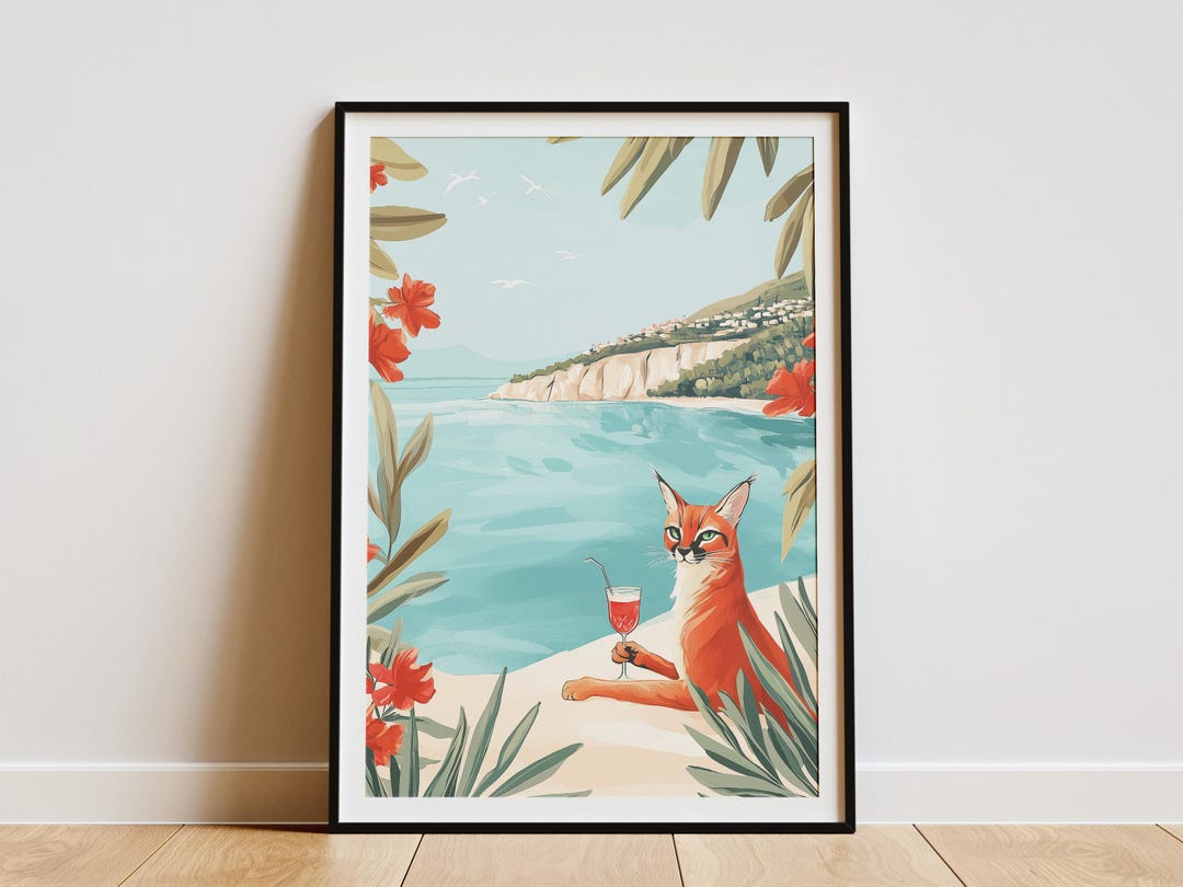 Caracal Cat Beach Summer Poster Coastal Animal Art Print Summer ...
