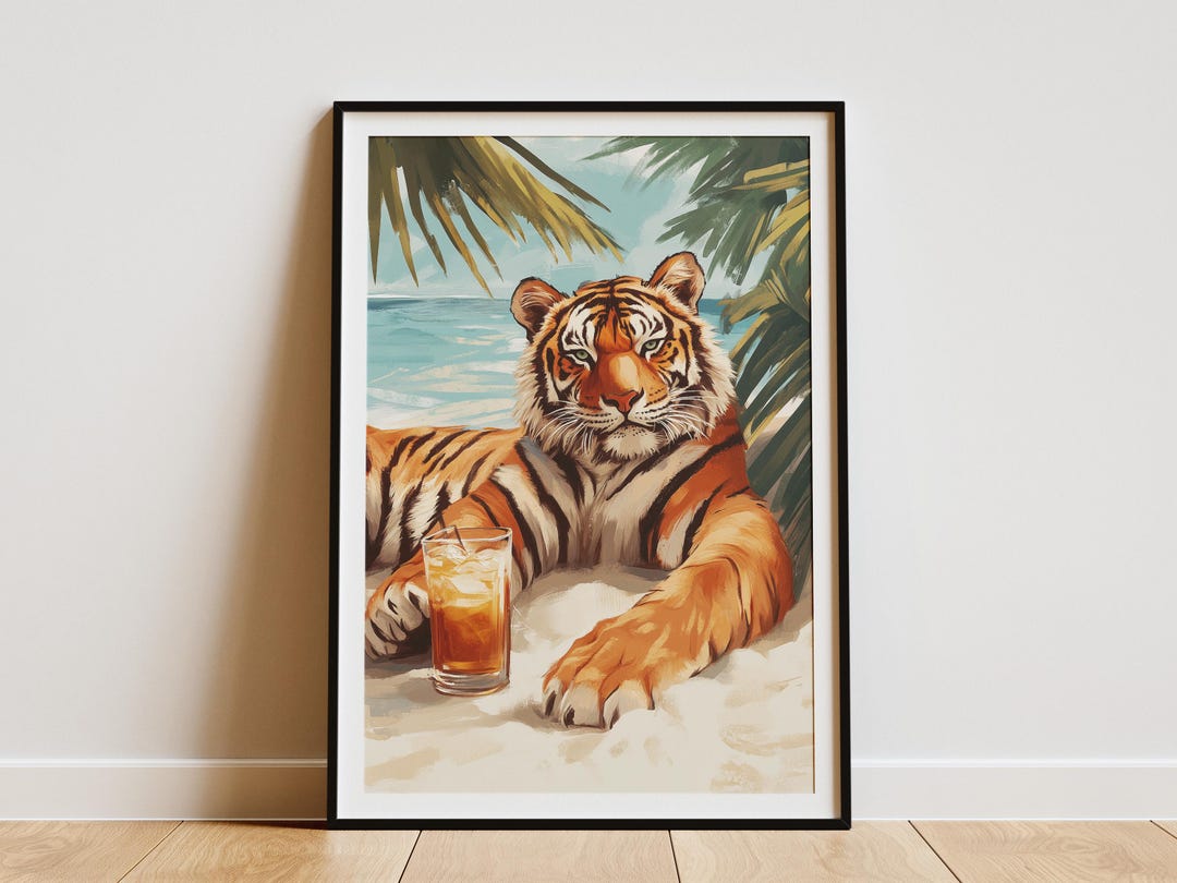 Tiger Beach Poster Tropical Tiger Art Print Summer Beach Animal Print ...