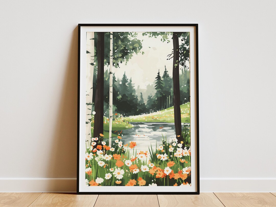 Spring Forest River Poster Nature Art Print Flowers Birch Trees Calm ...
