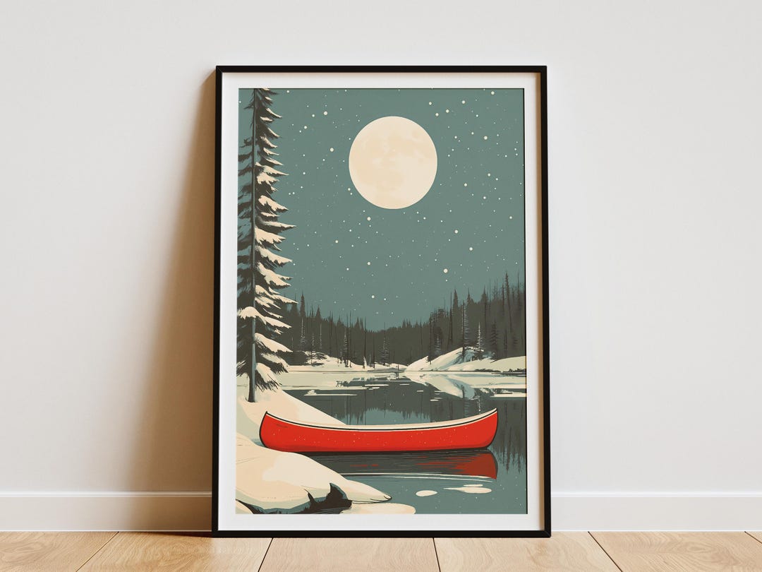 Voyageurs National Park Winter Canoe Poster Lake and Forest Night Scene ...