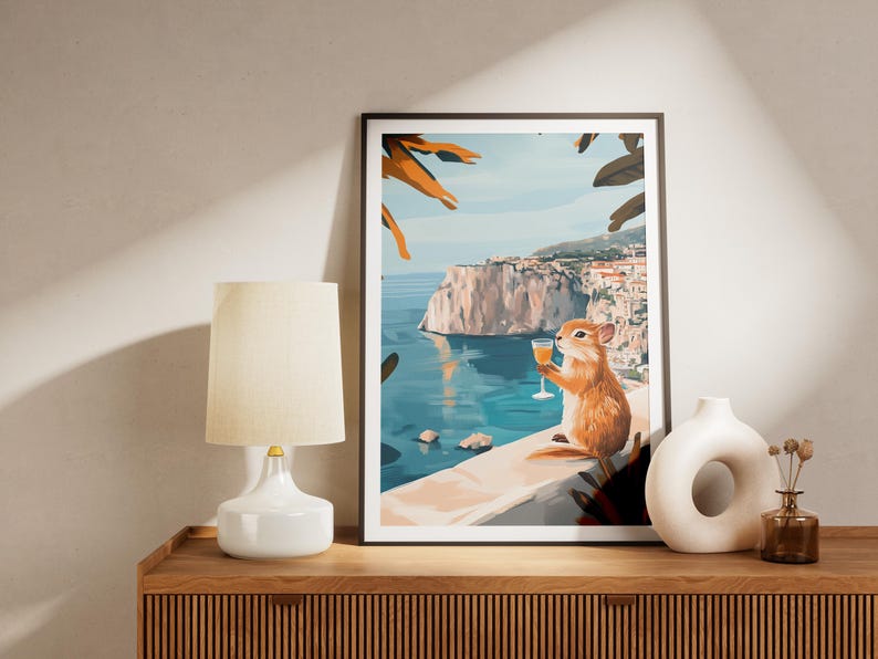 Coastal Pika Art Print Cute Animal Poster Italian Riviera Decor Orange ...