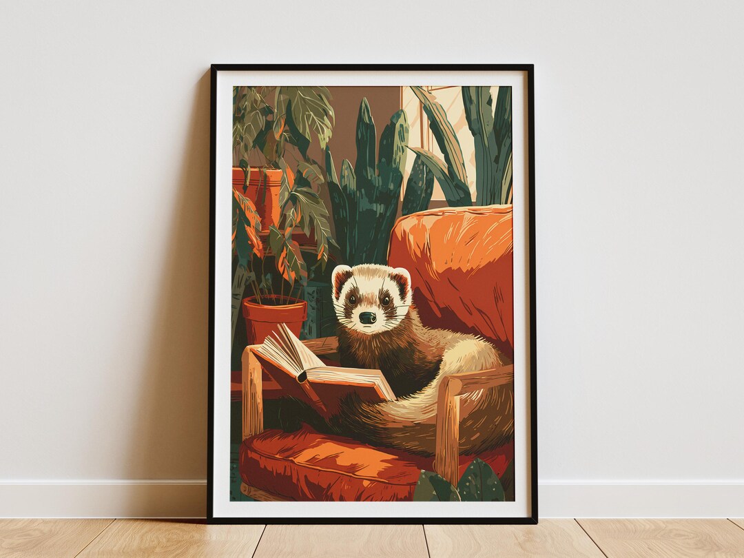 Whimsical Ferret Reading Book Art Print Cozy Animal Lover Wall Decor ...