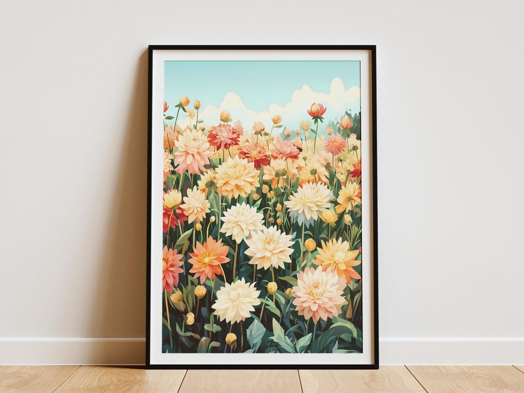 Dahlia Flower Field Poster Botanical Art Print Summer Floral Wall Decor ...