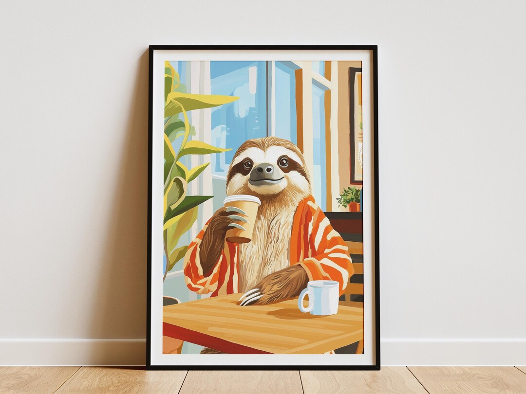 Sloth Cafe Poster Sloth Drinking Coffee Print Matisse Style Art Cozy ...