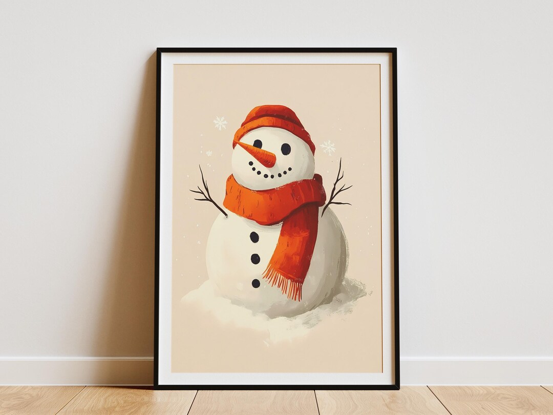 Cute Snowman Christmas Poster Winter Holiday Print Orange Scarf Snowman ...