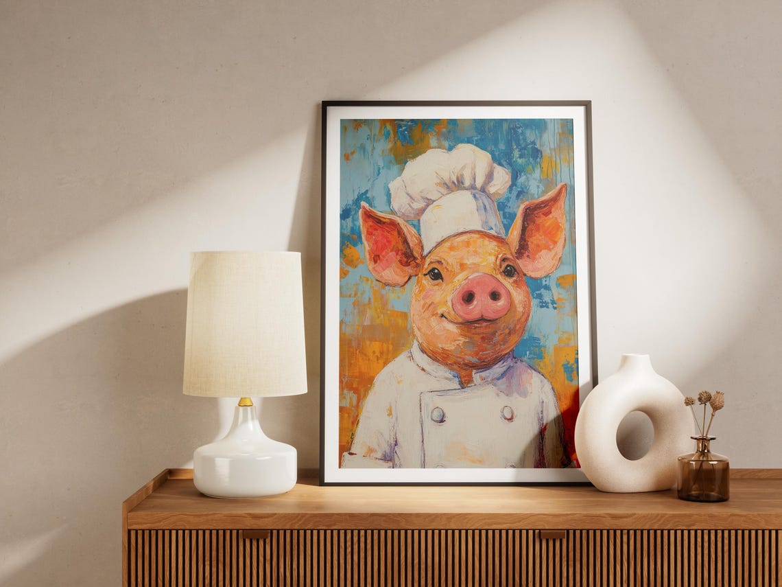 Chef Pig Art Print Whimsical Kitchen Decor Animal Portrait Funny Pig ...