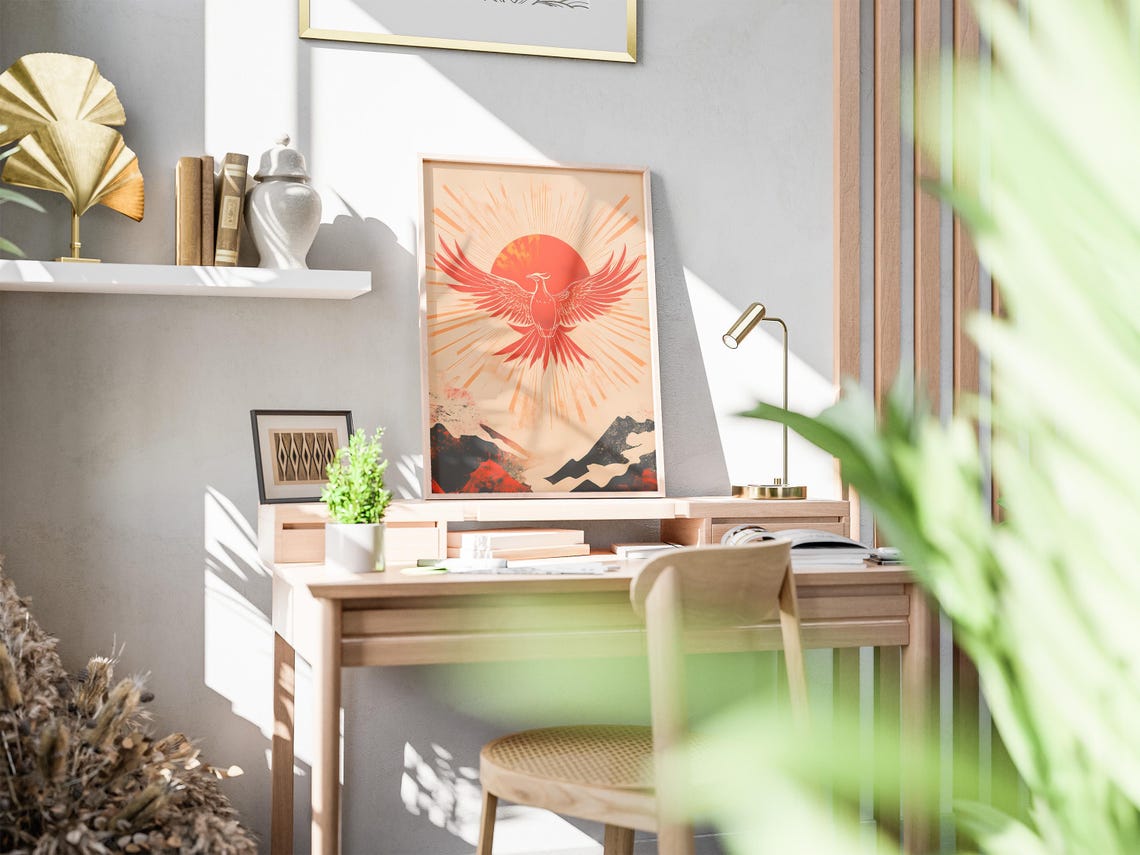 Phoenix Sunrise Poster Mythical Bird Art Print Orange Red Aesthetic ...