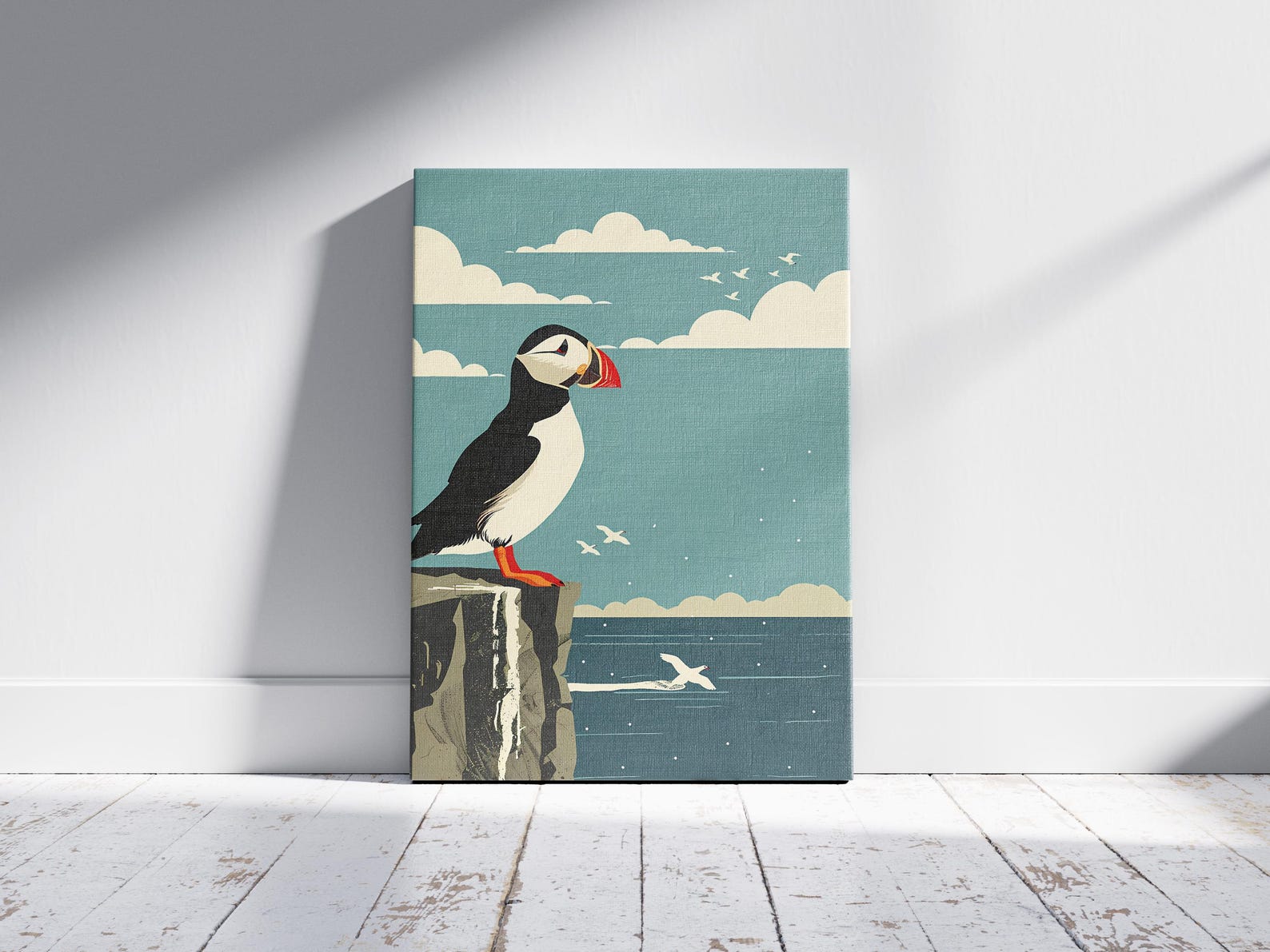 Vintage Coastal Puffin Poster Ocean Bird Art Print Mid Century Modern ...
