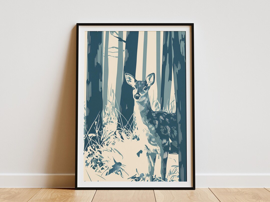 Graceful Deer in Forest Woodcut Style Print Minimalist Wildlife Art ...