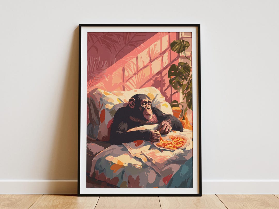 Cozy Chimpanzee Eating Pizza in Bed Wall Art Print Funny Animal Artwork ...