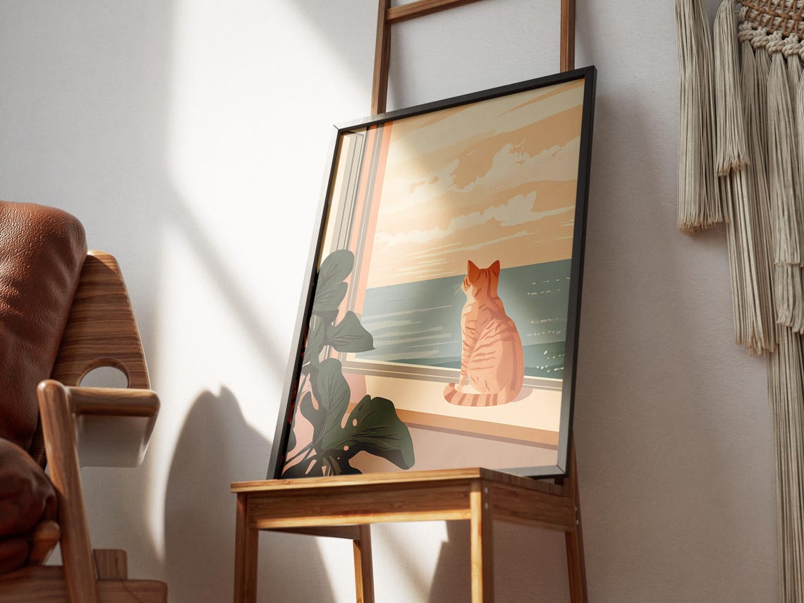 Orange Cat by Windowsill Ocean View Summer Sunset Beach Coastal Cat Art ...