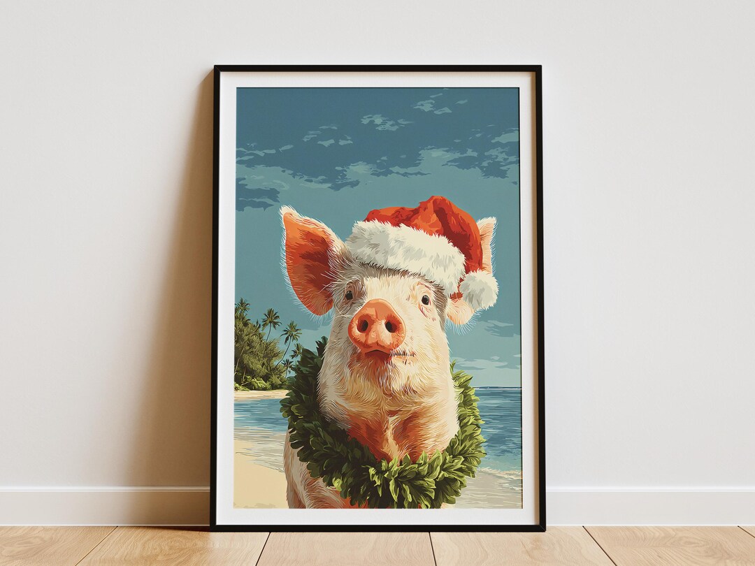 Hawaiian Christmas Pig Poster Tropical Beach Santa Hat Wall Art Funny ...