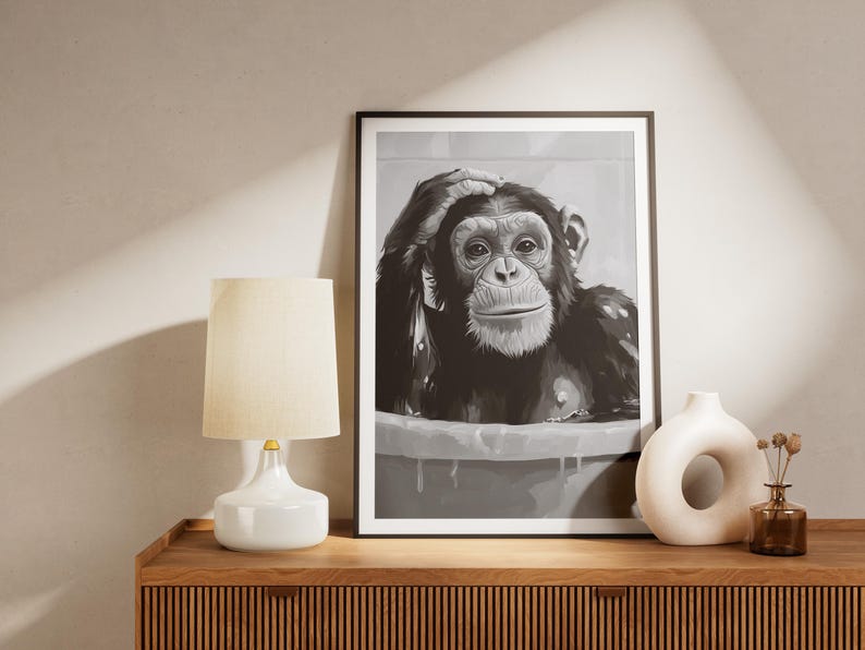 Chimpanzee Bathtub Poster Funny Bathroom Art Print Chimpanzee Wall ...