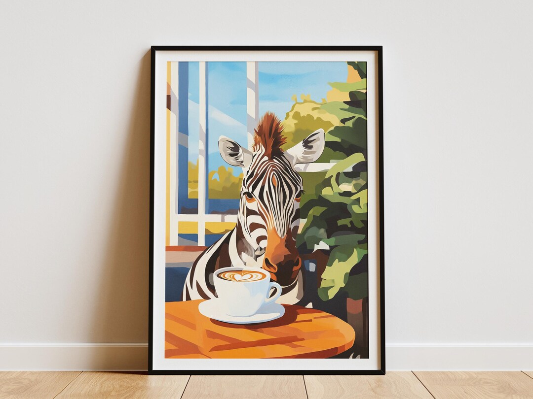 Zebra Coffee Poster Cafe Art Print Whimsical Animal Wall Decor Quirky ...