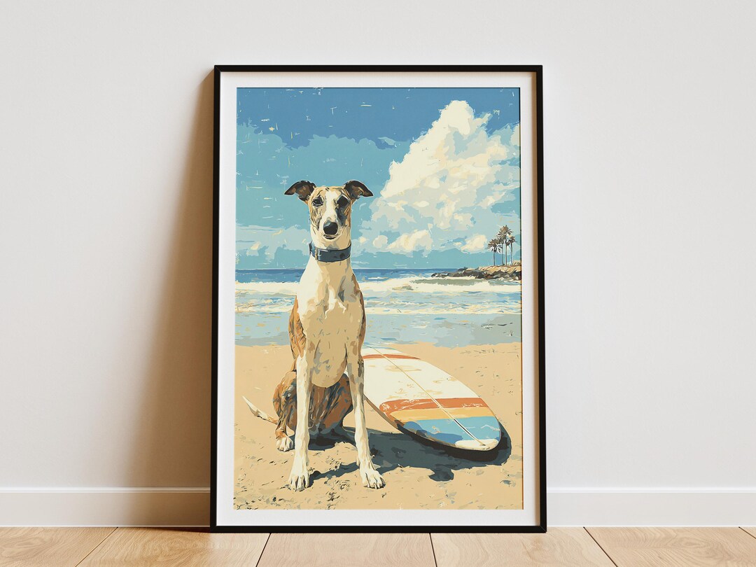 Coastal Beach Greyhound Dog Surfer Art Print Vintage Style Ocean Scene ...