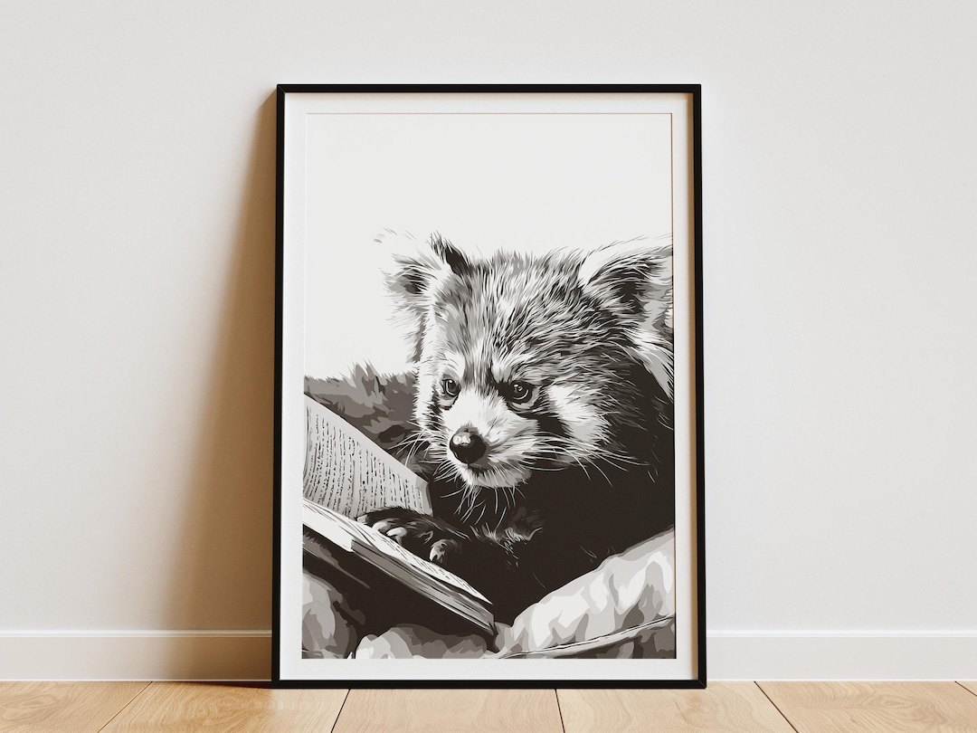 Red Panda Reading Book Art Print Monochrome Animal Wall Art Black White ...