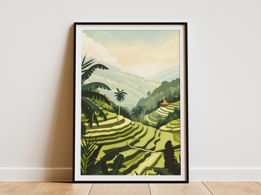 Bali Rice Terraces Indonesia Travel Poster Minimalist Green Nature Art ...